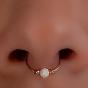 14k Gold Septum Ring 20 Gauge - White Opal Septum Piercing Hoop ...