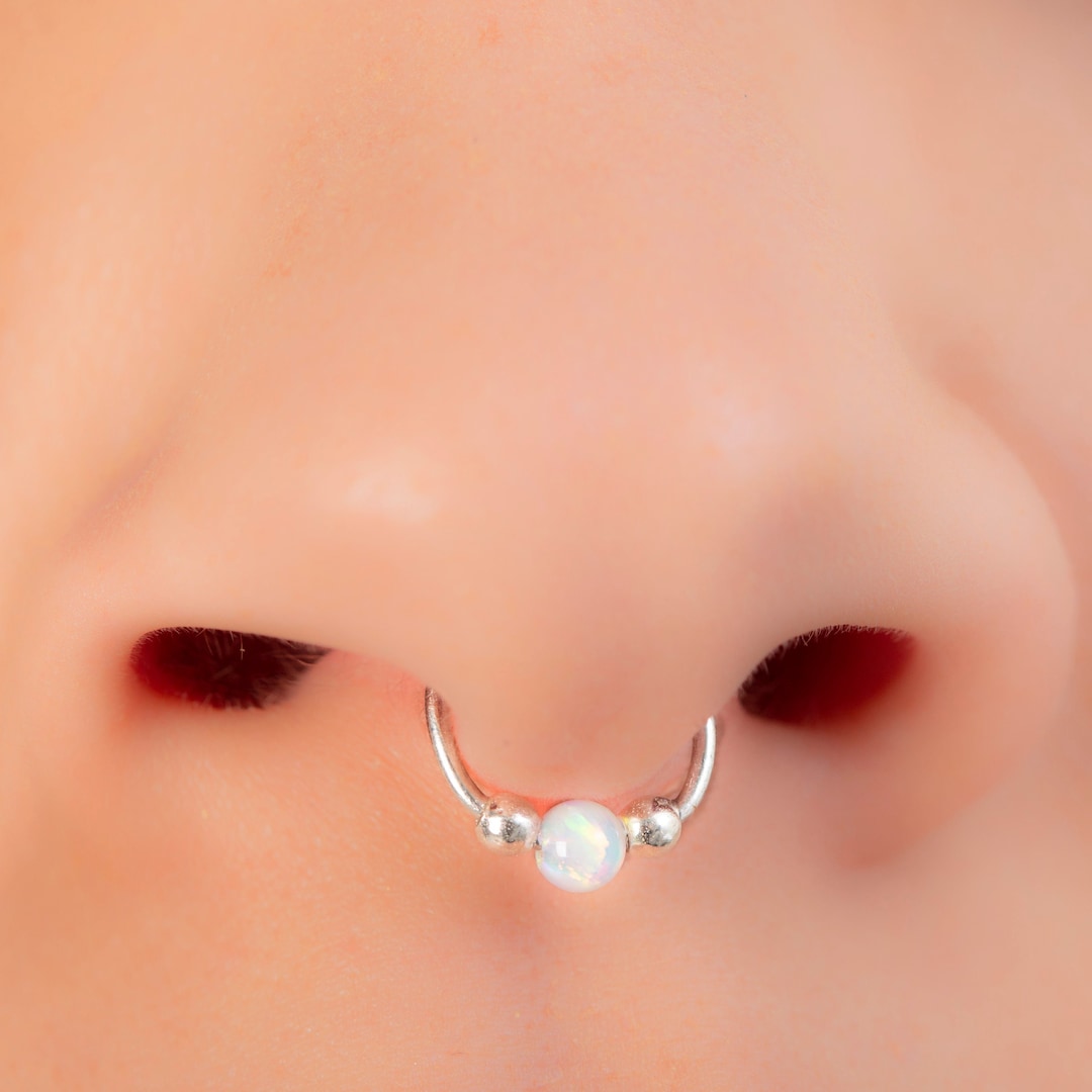 Silver Septum Ring Hoop 20G With Shiny White Opal - Dainty Septum ...