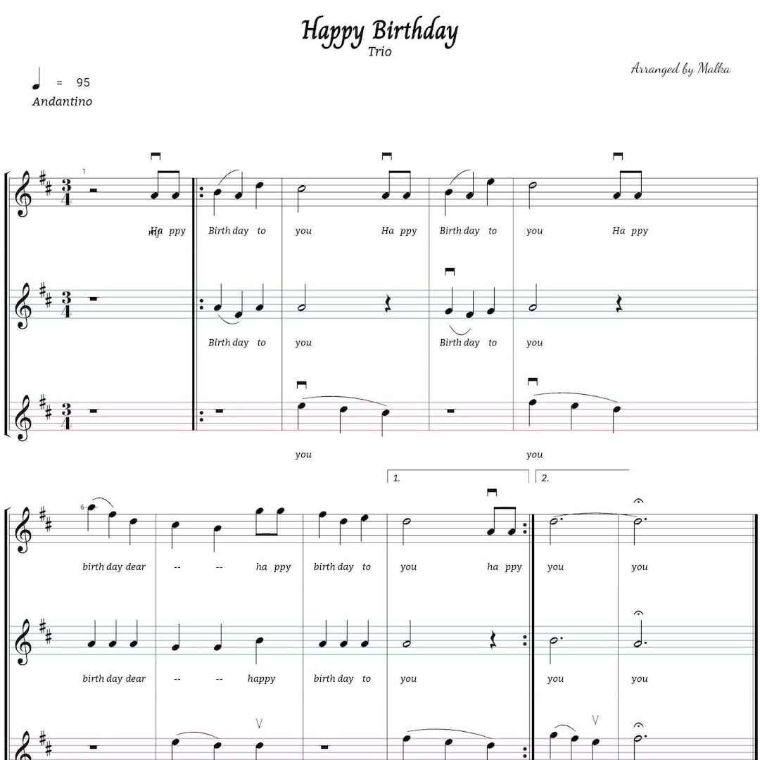HAPPY BIRTHDAY TO You Sheet Music Score for Violin Flute Trio Duet ...