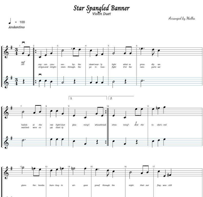 STAR SPANGLED BANNER Sheet Music Score for Violin Flute Duet Beginner ...