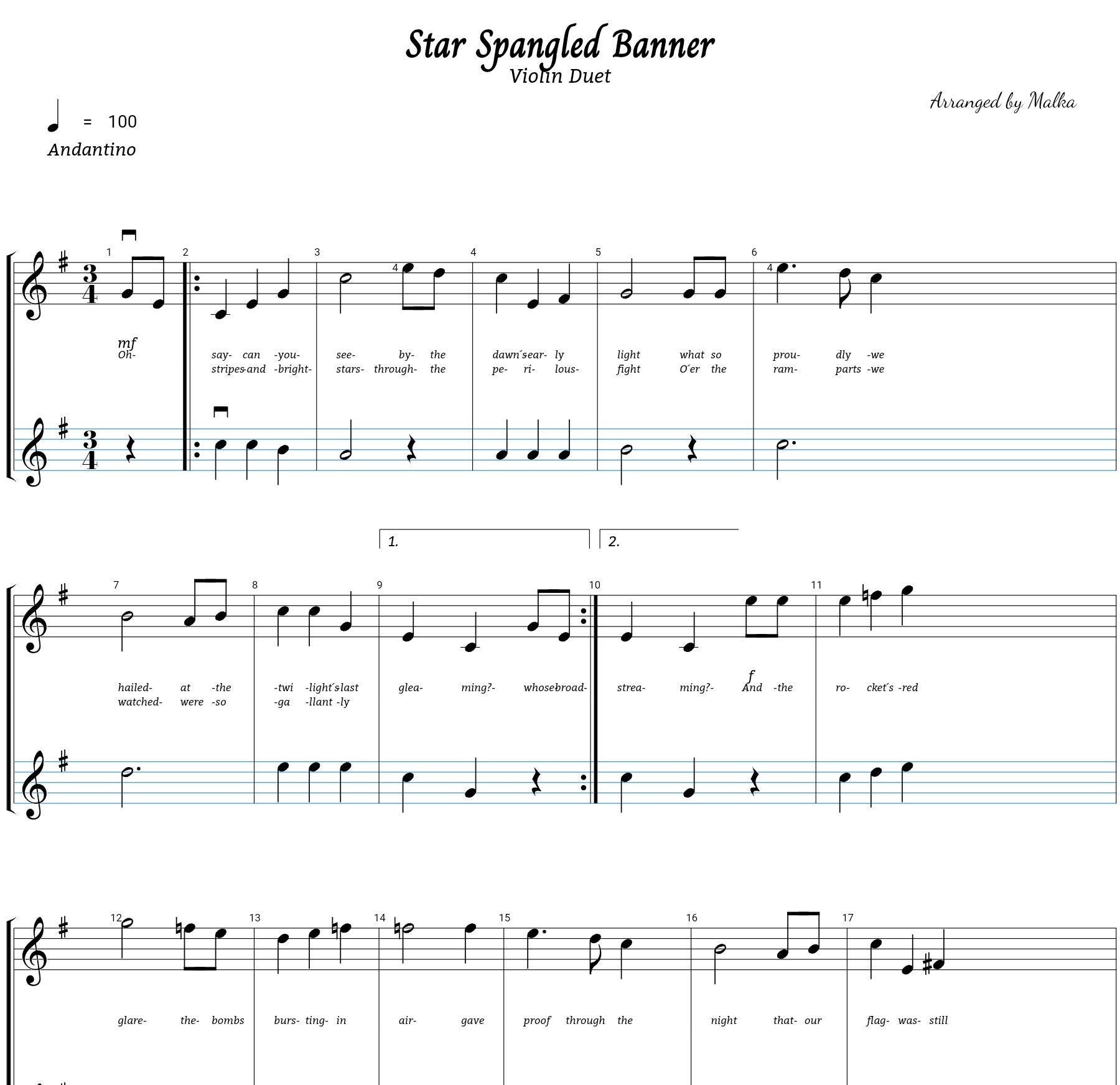 STAR SPANGLED BANNER Sheet Music Score for Violin Flute Duet Beginner ...