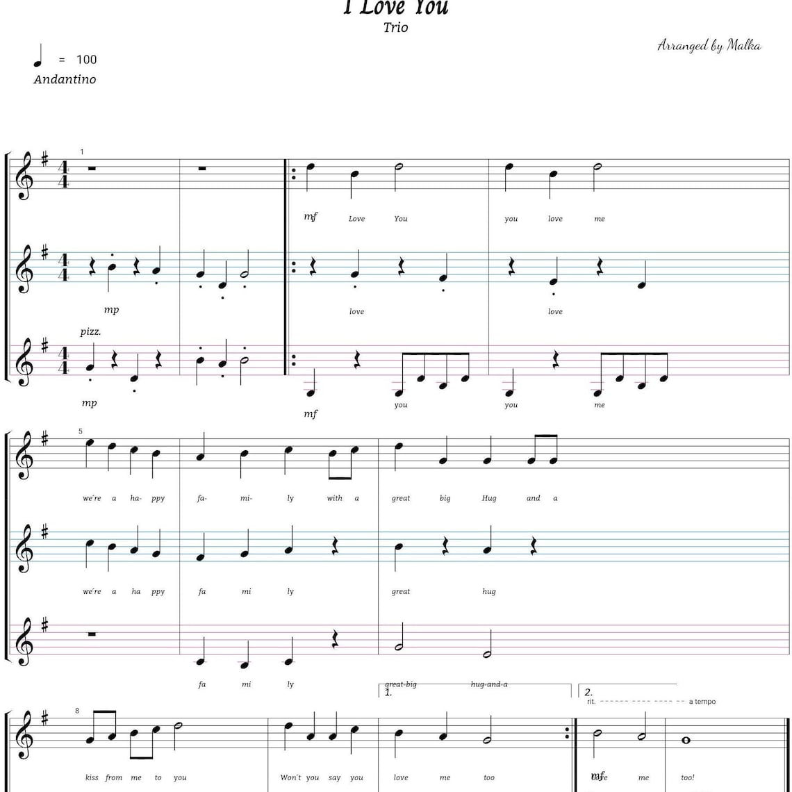 I LOVE YOU Barney Sheet Music Score Violin Flute Trio Simple Beginners ...