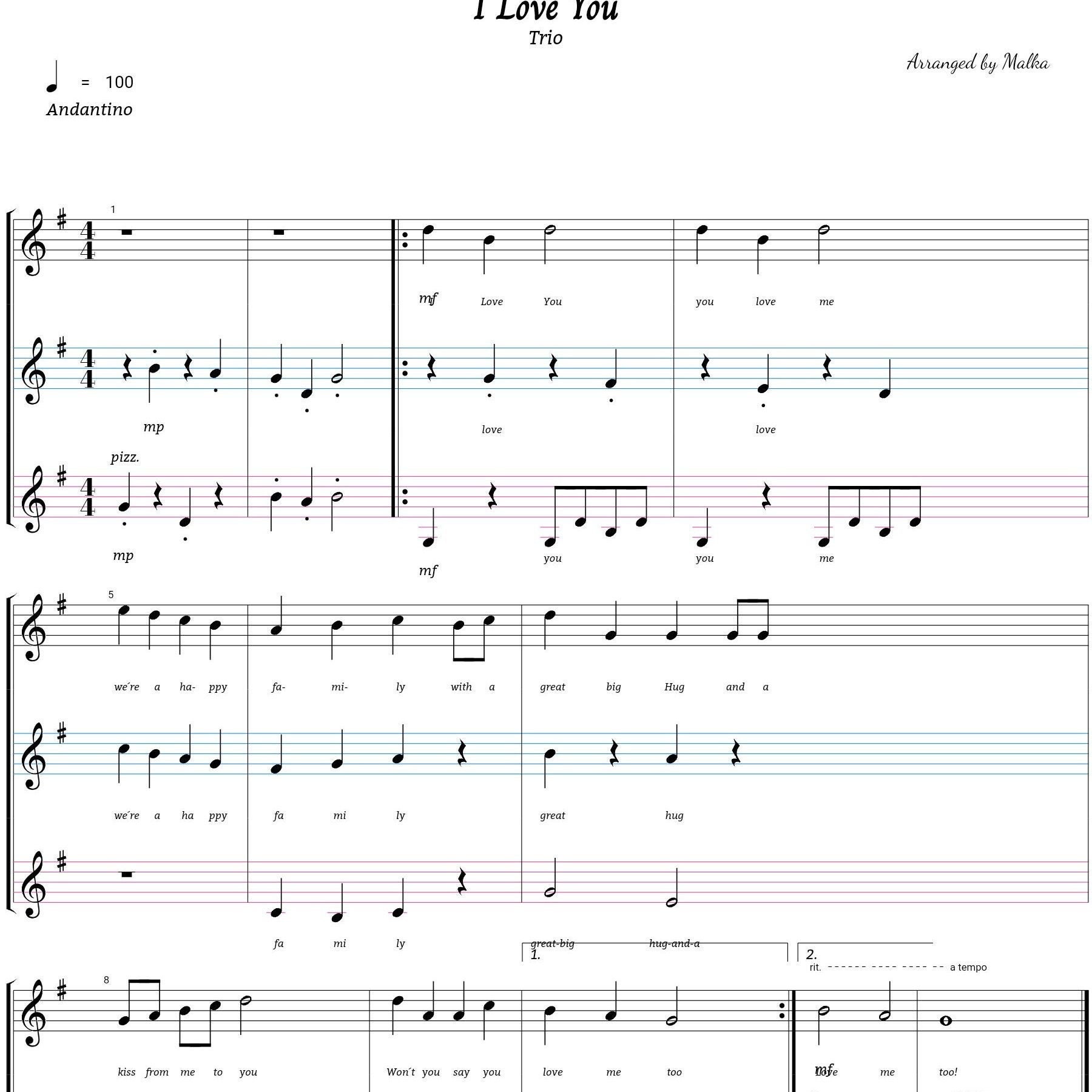 I LOVE YOU Barney Sheet Music Score Violin Flute Trio Simple Beginners ...