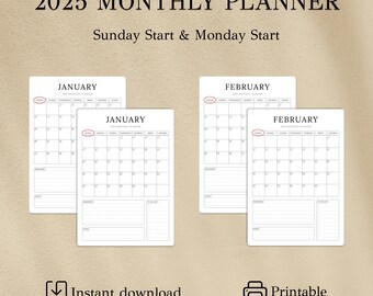 2025 Monthly Planner, Monthly Calendar, Monthly Organizer, Month at a ...