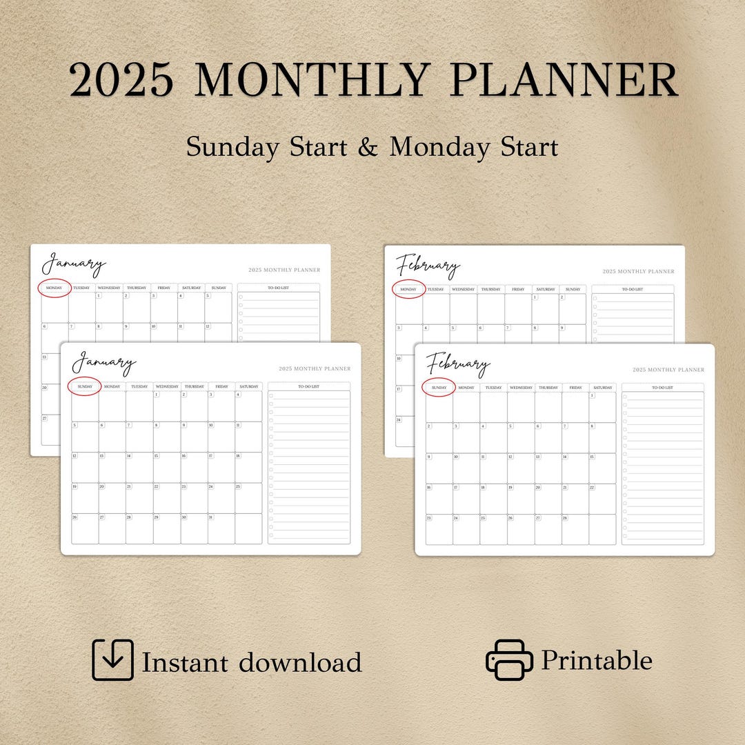 Monthly Planner Printable 2025, Monthly Calendar, Organizer, Monthly ...