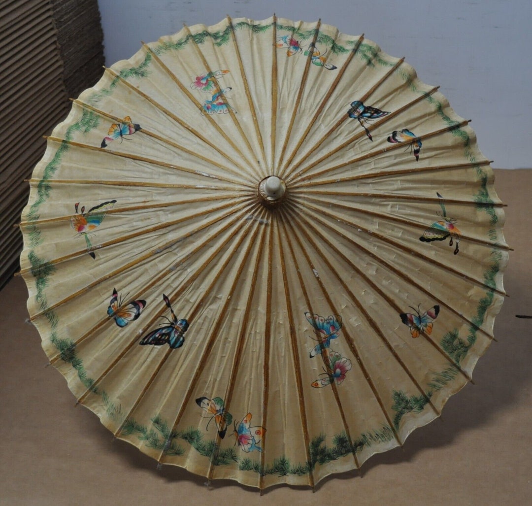 Vintage Hand Made Japanese Umbrella Bamboo Paper Hand Painted Tree ...