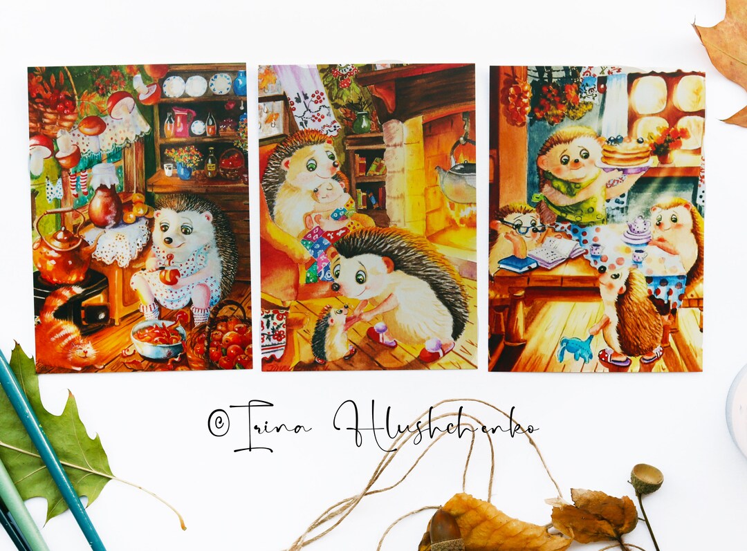 Fairytale Illustrated Art Postcards, Forest Animals, Cute Hedgehogs ...