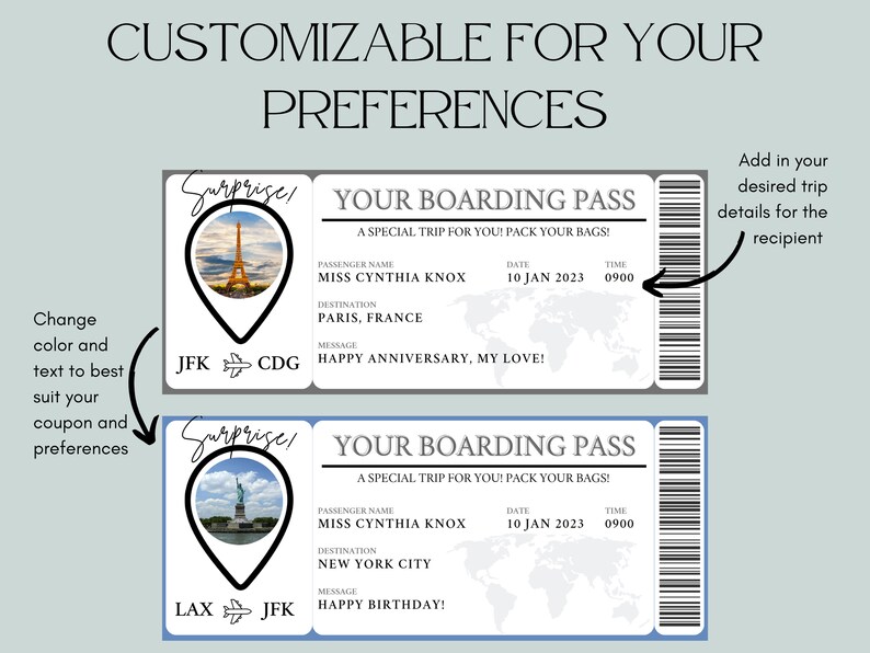 Editable Boarding Pass Ticket Template Surprise Airline Flight T Invitation T Vacation