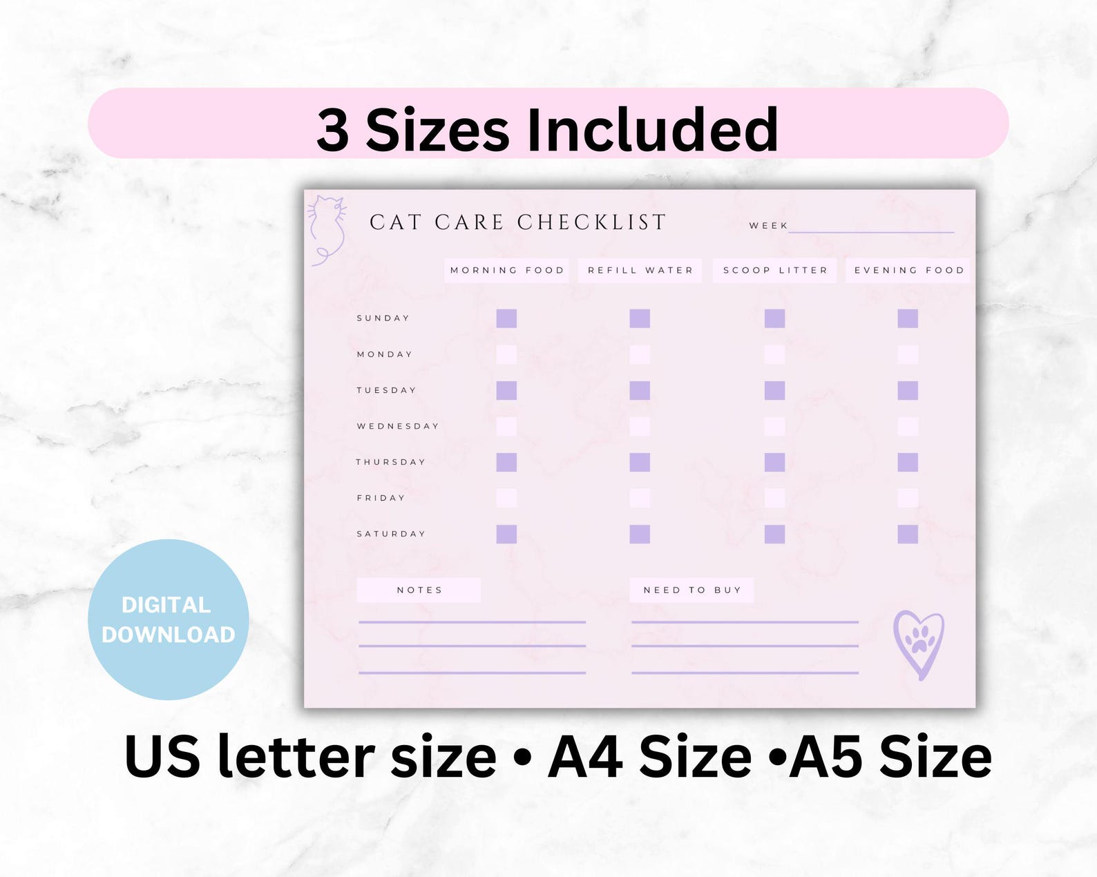 Cat Care Daily Checklist - Pink Color|pet Chore Tracker|weekly ...