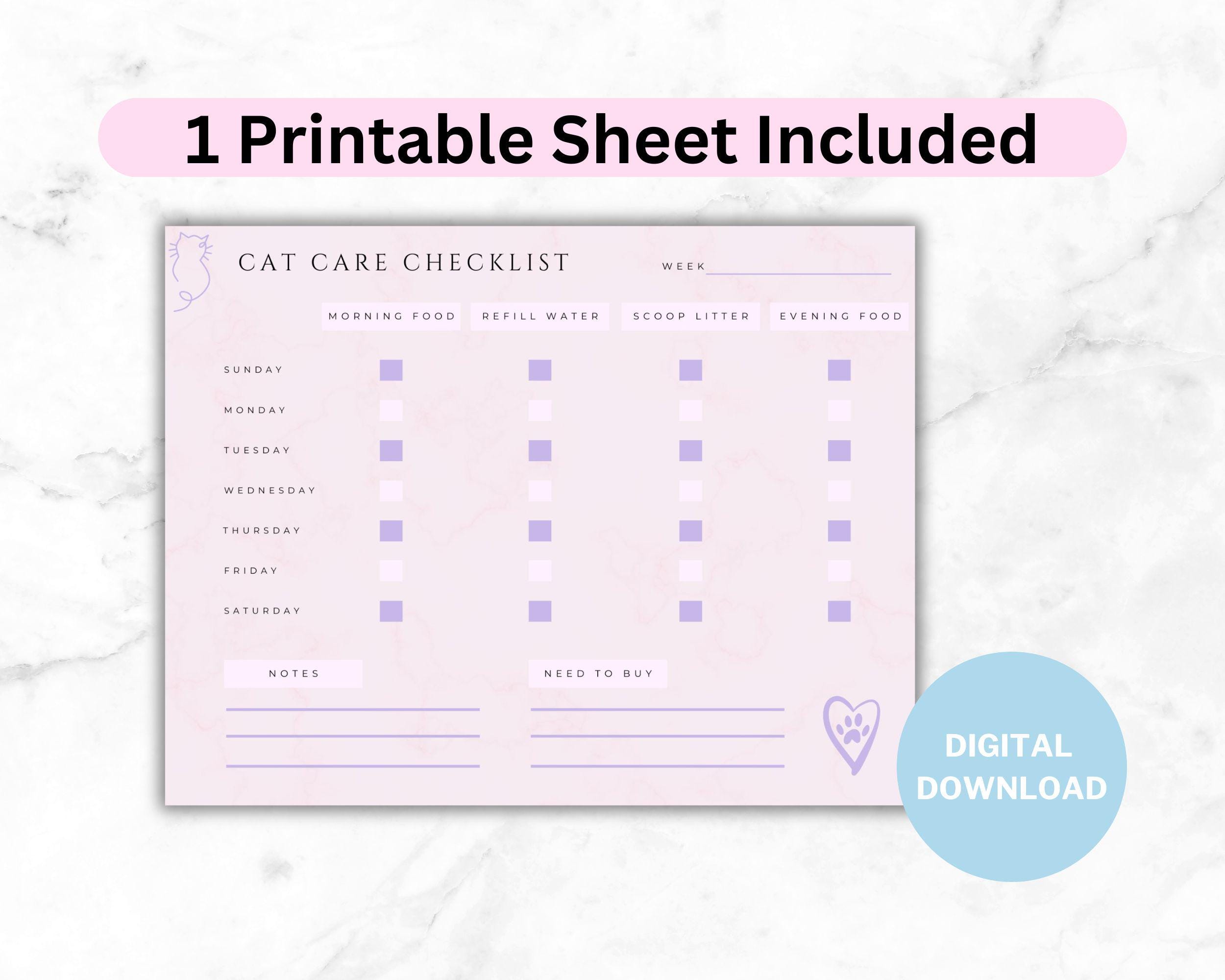 Cat Care Daily Checklist - Pink Color|pet Chore Tracker|weekly ...