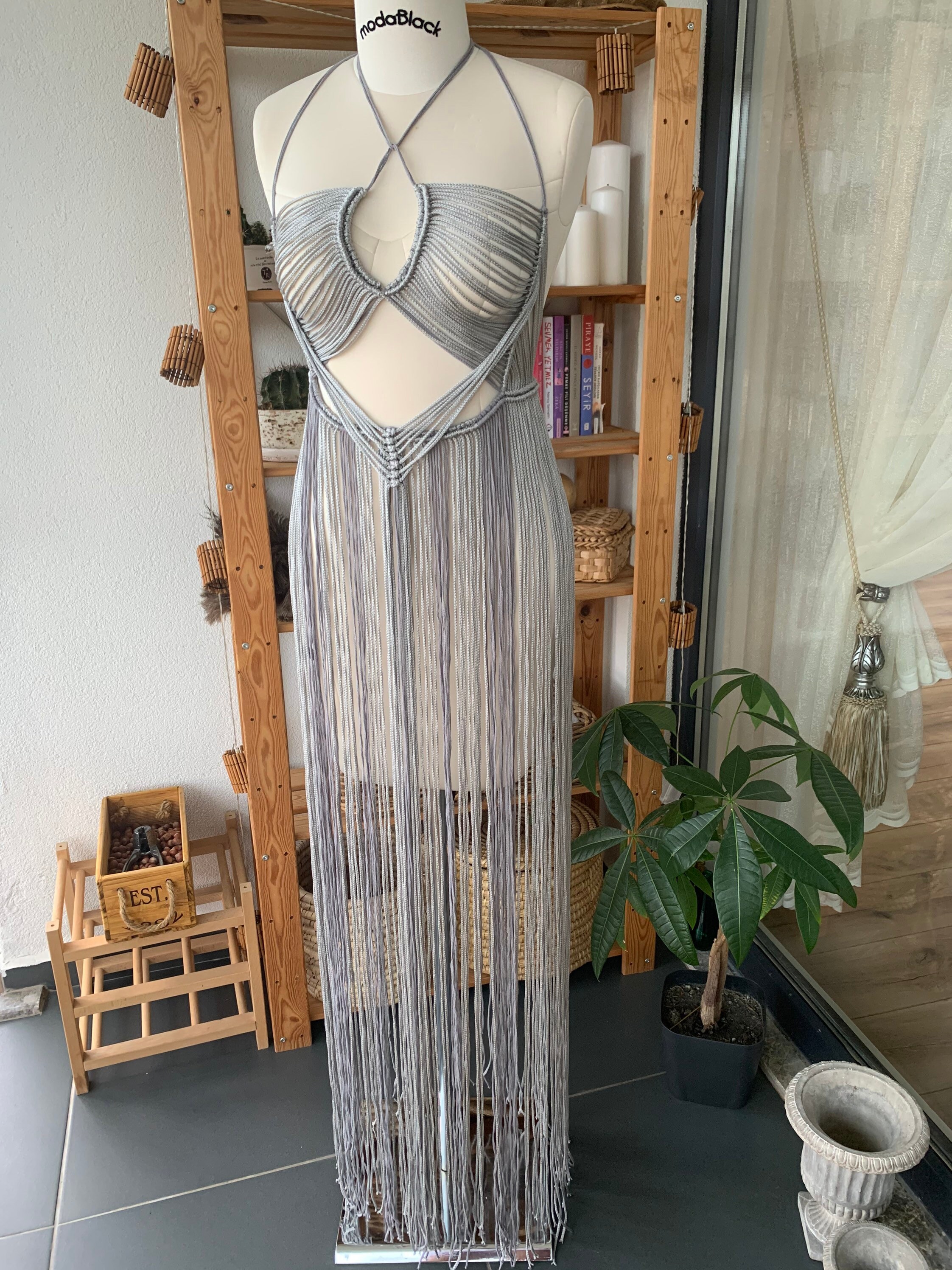 Cross Drawstring Gray Dress, Macrame Dress, Festival Women,burning Man ...