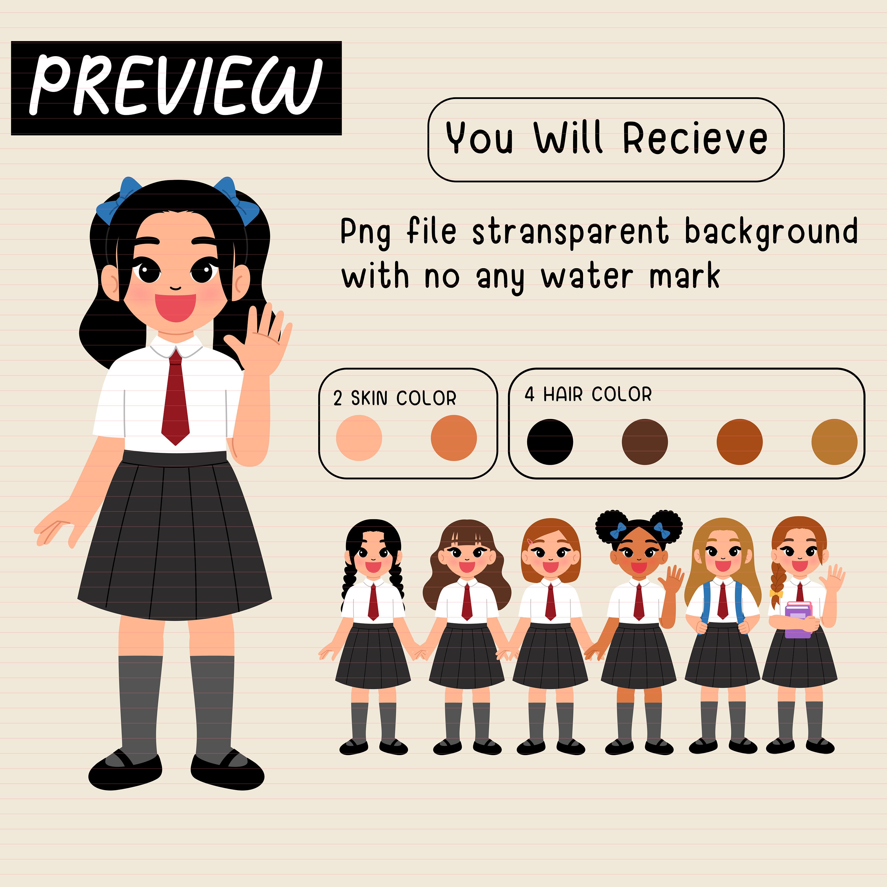 30 Student Girl Clip Art, Cute Student Graphic, Kawaii Girl PNG, School ...