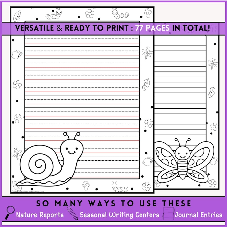 Insects and Bugs Lined Writing Paper for Kids | Primary, Narrow Lines ...