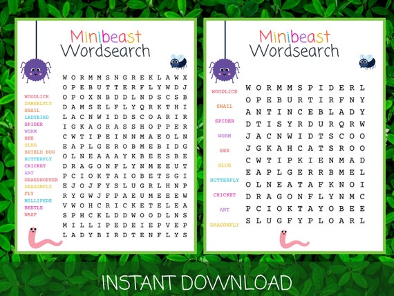 Minibeast Word Search Bugs Word Search for Kids Nature - Etsy