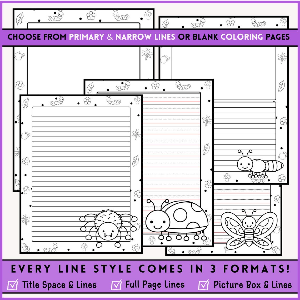 Insects and Bugs Lined Writing Paper for Kids | Primary, Narrow Lines ...