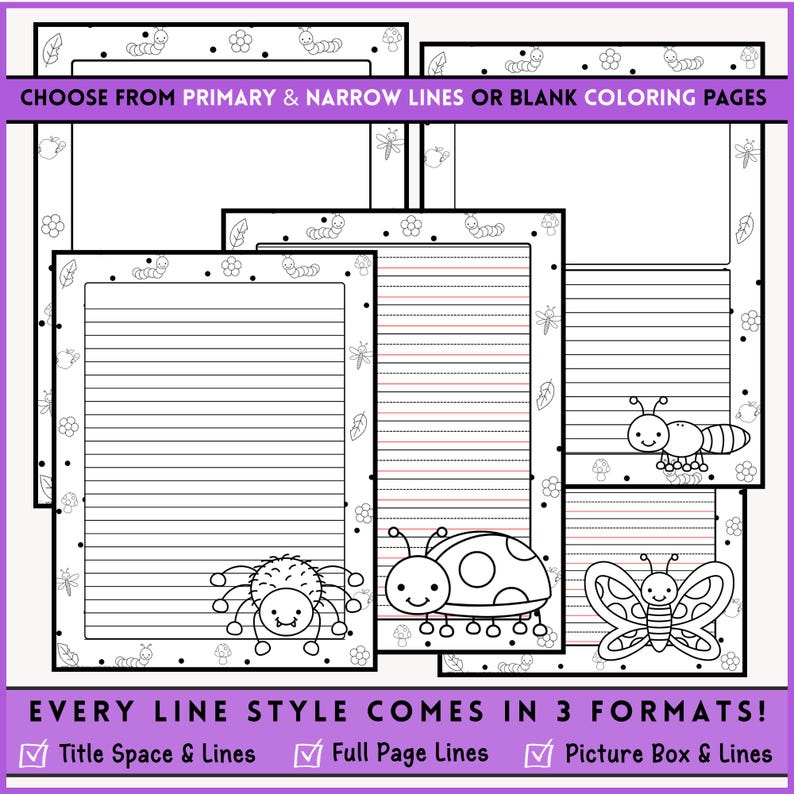 Insects and Bugs Lined Writing Paper for Kids | Primary, Narrow Lines ...