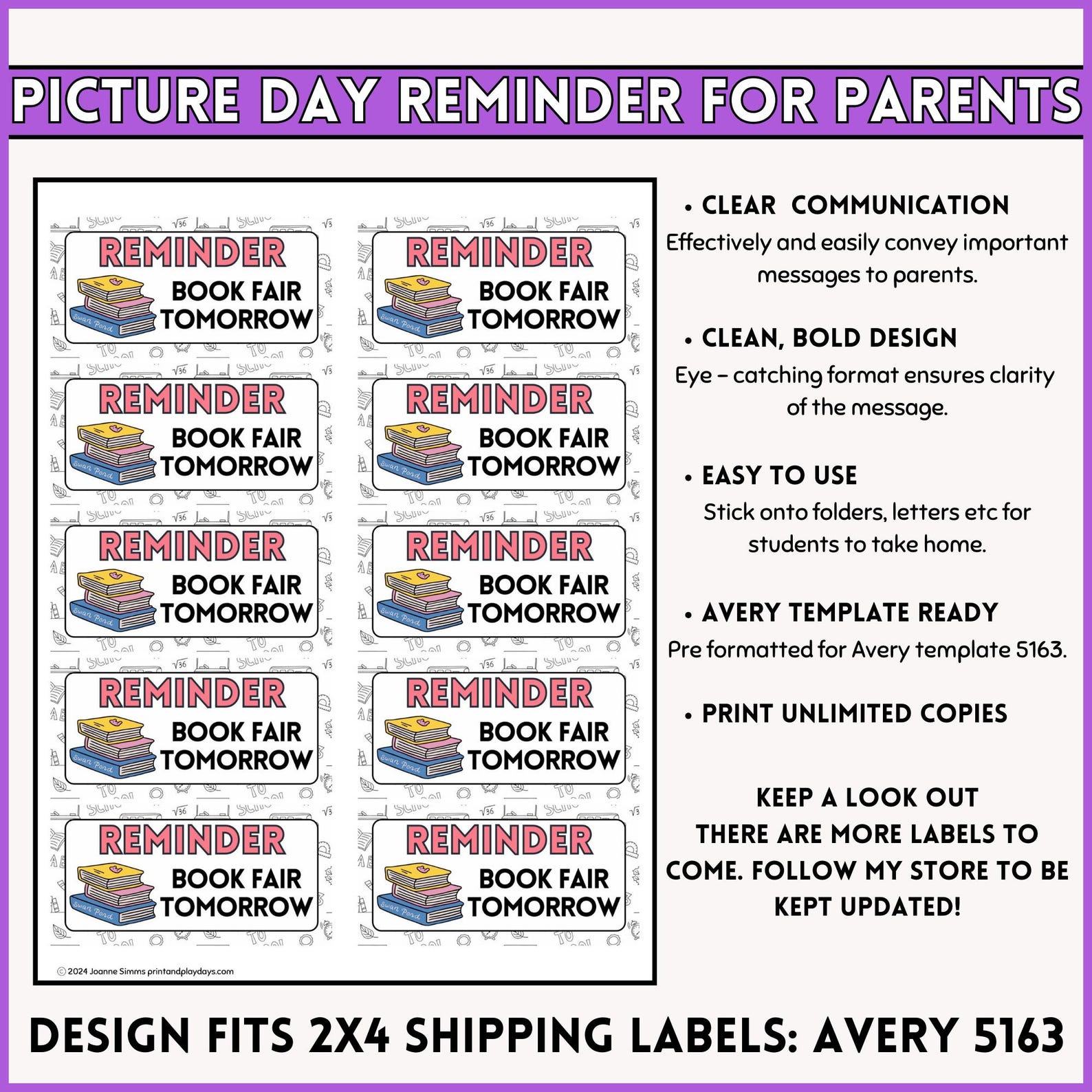 Book Fair Reminder Sticker for Teacher and Student Folders, Planners ...