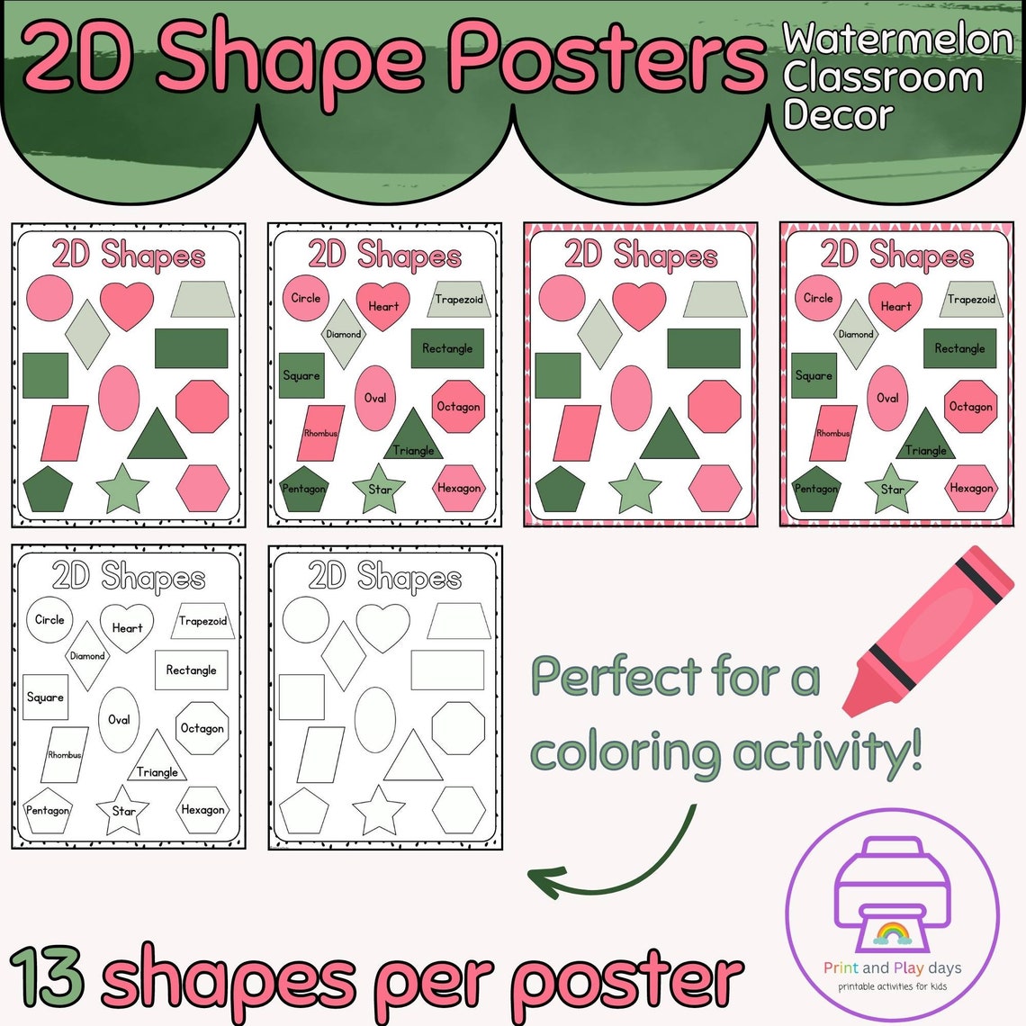 2D Shape Poster | Math Wall Art | Watermelon Classroom Decor - Etsy