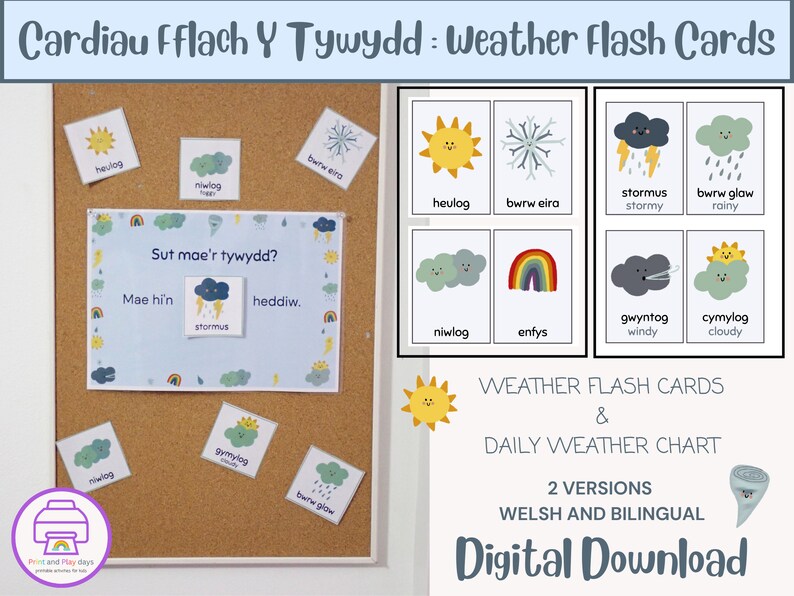 Welsh Weather Flashcards With Daily Weather Chart Welsh - Etsy