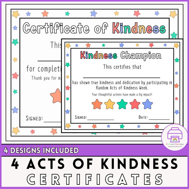 Kindness Award Certificate for Kids | Celebrate Acts of Kindness - Etsy