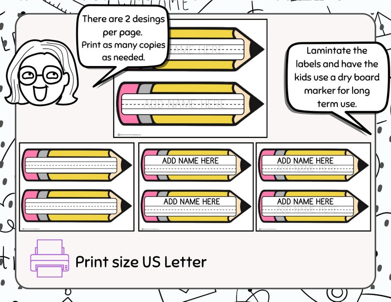 Student Name Tags . Personalised Desk Name Labels in Cute Pencil Design ...