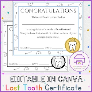 I Lost a Tooth Certificate Tooth Fairy Certificate - Etsy