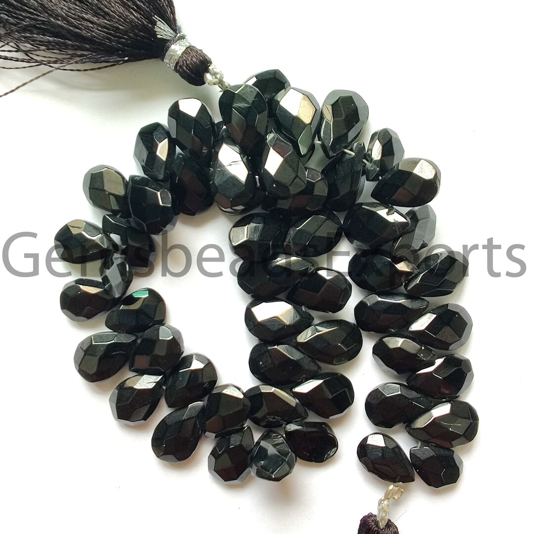 26 Pcs, Natural Black Onyx Faceted Pear Cut Gemstone Beads Briolete ...