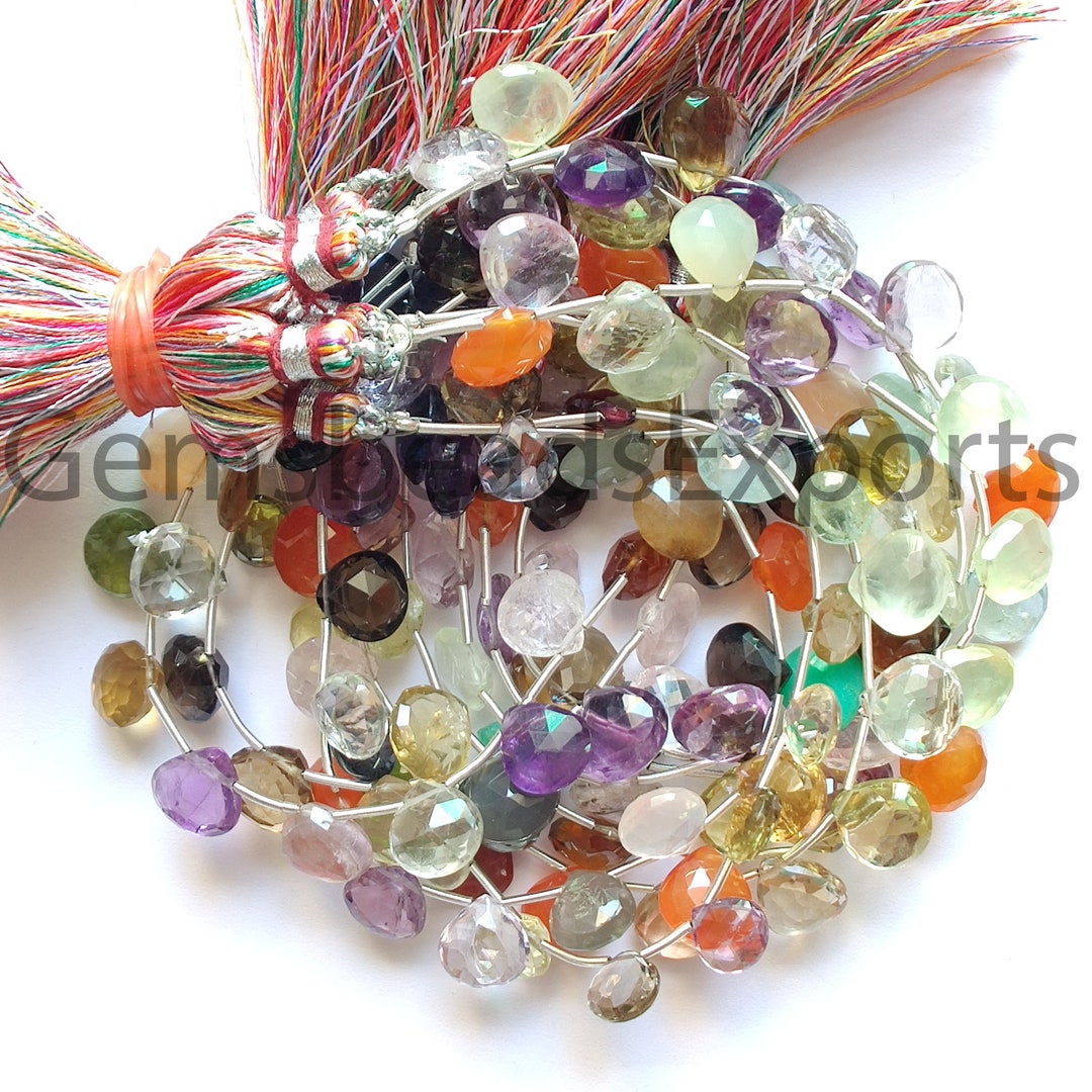 Natural Multi Semi Precious Faceted Heart Shape Beads | Briolette Multi ...