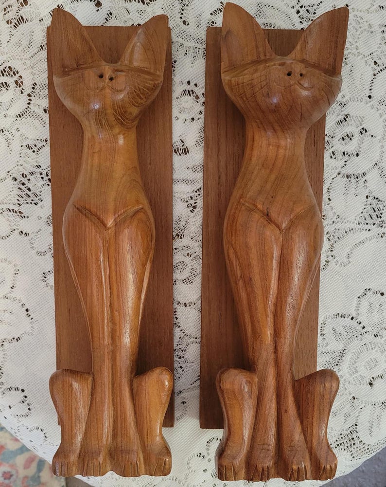 Mid Century Modern Wood Cat Statue Bookends - Etsy