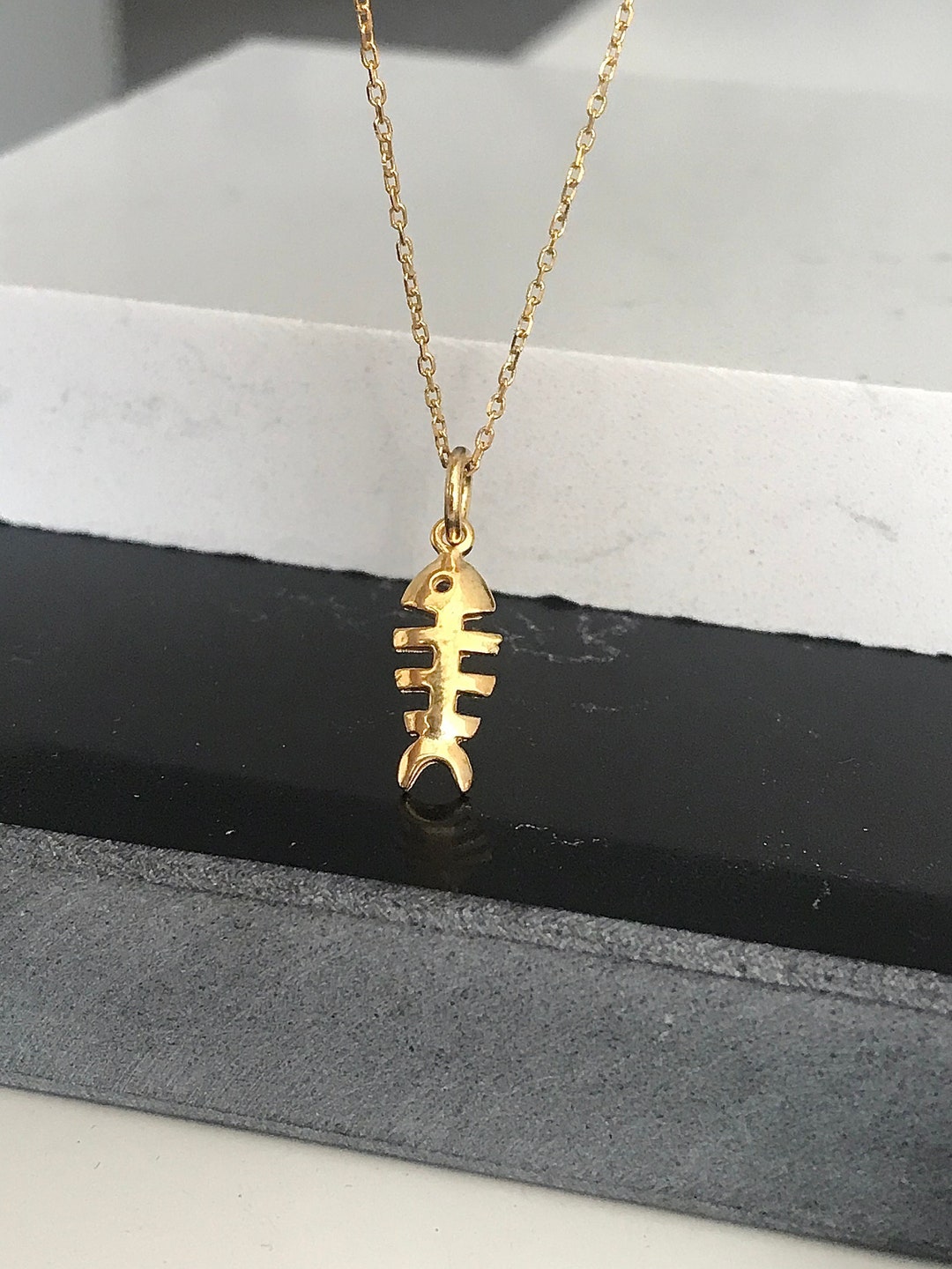 Fishbone Pendant Necklace, 18k Gold Plated 925 Sterling Silver, Fish ...