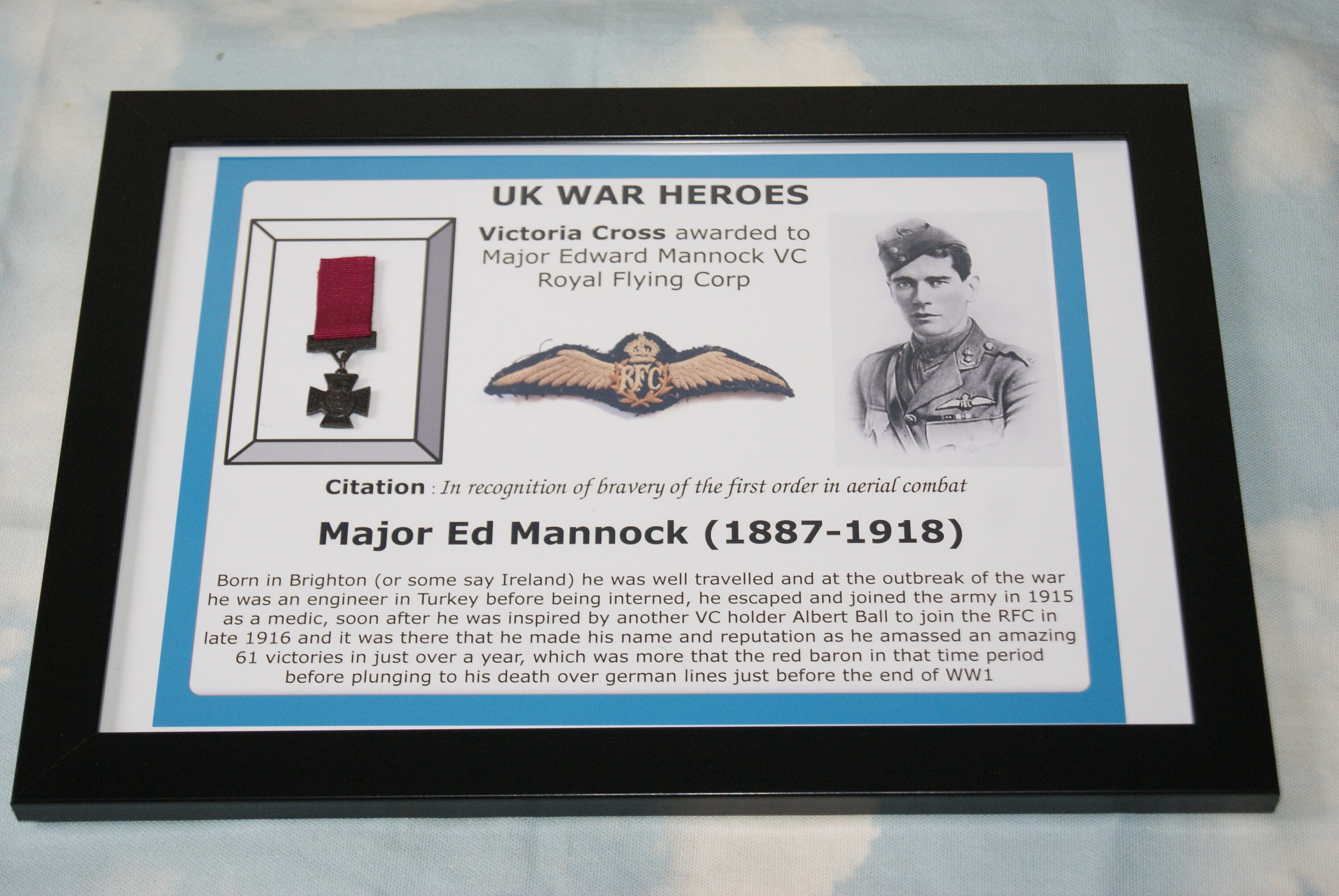A4 Framed Medal Display MAJOR Edward Mannock VC Royal Air Force WW1 ...