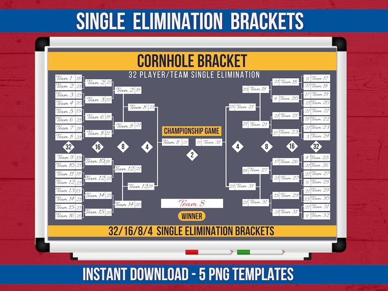 4, 8, 16, 32 Single Elimination Brackets, Printable Cornhole Tournament ...