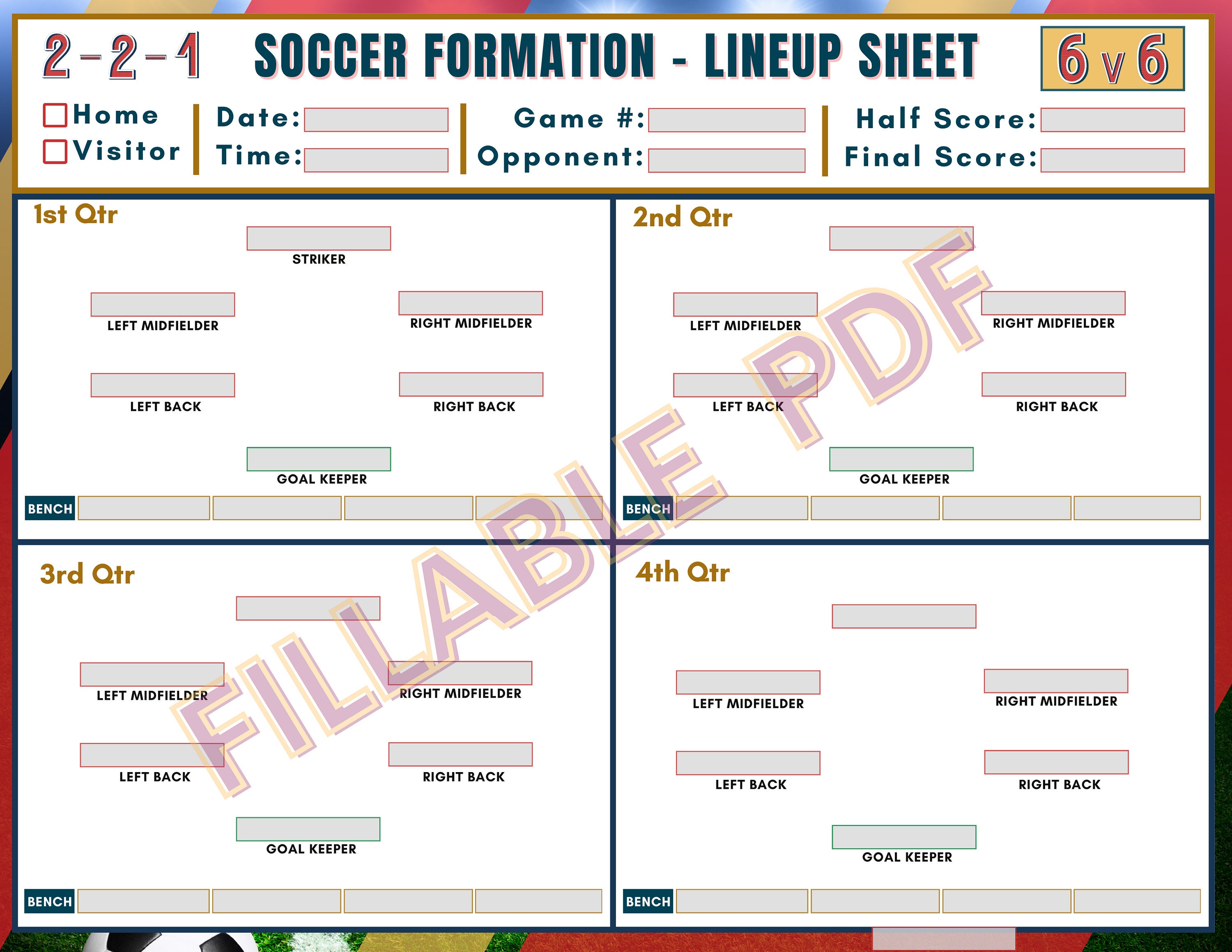 6v6 Soccer Formation Lineup Sheet, Fillable PDF, Soccer Training ...
