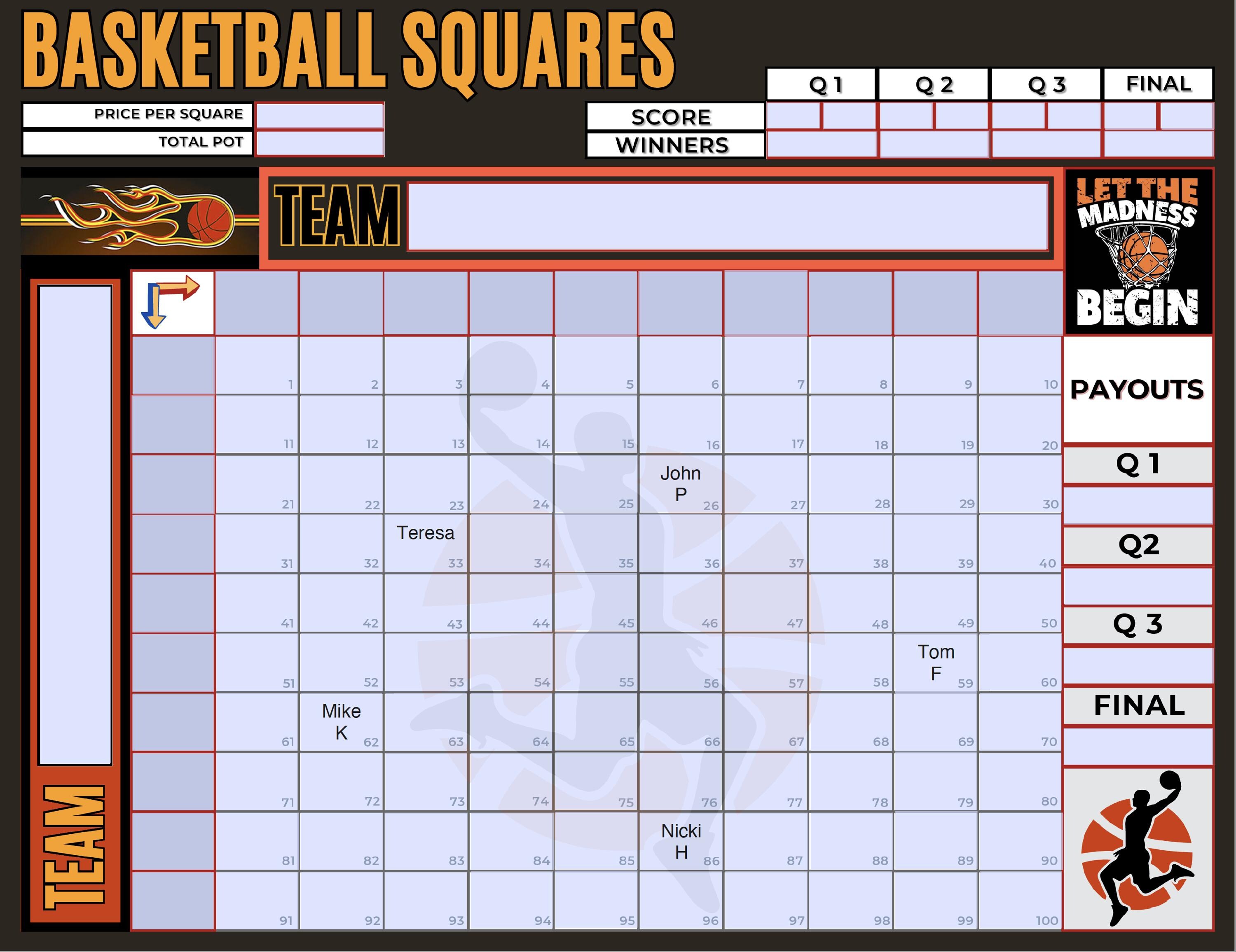 March Basketball Squares, Printable Basketball Championship, Men's ...