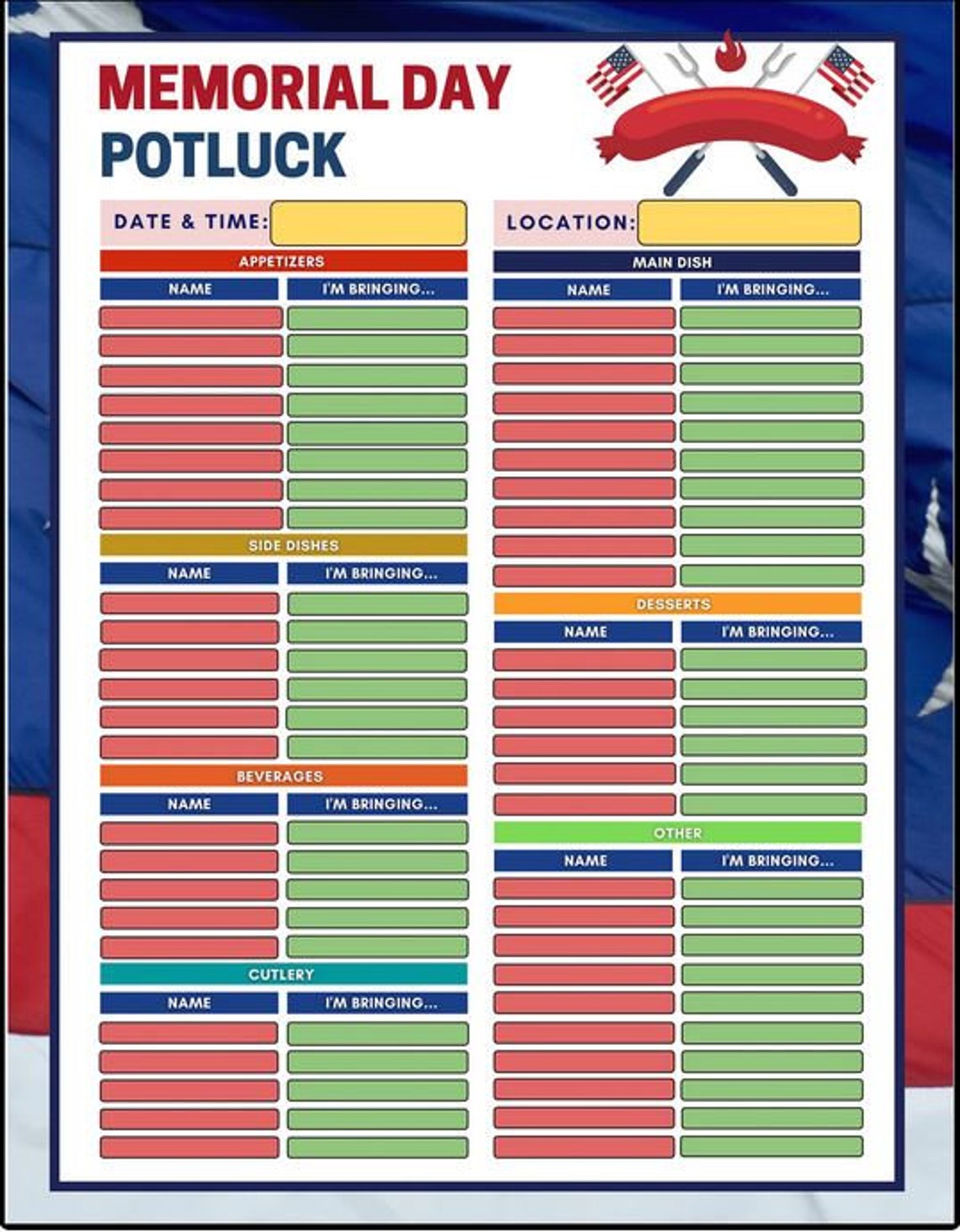 Memorial Day Potluck Sign up Sheet, Google Slides, Editbale PDF ...