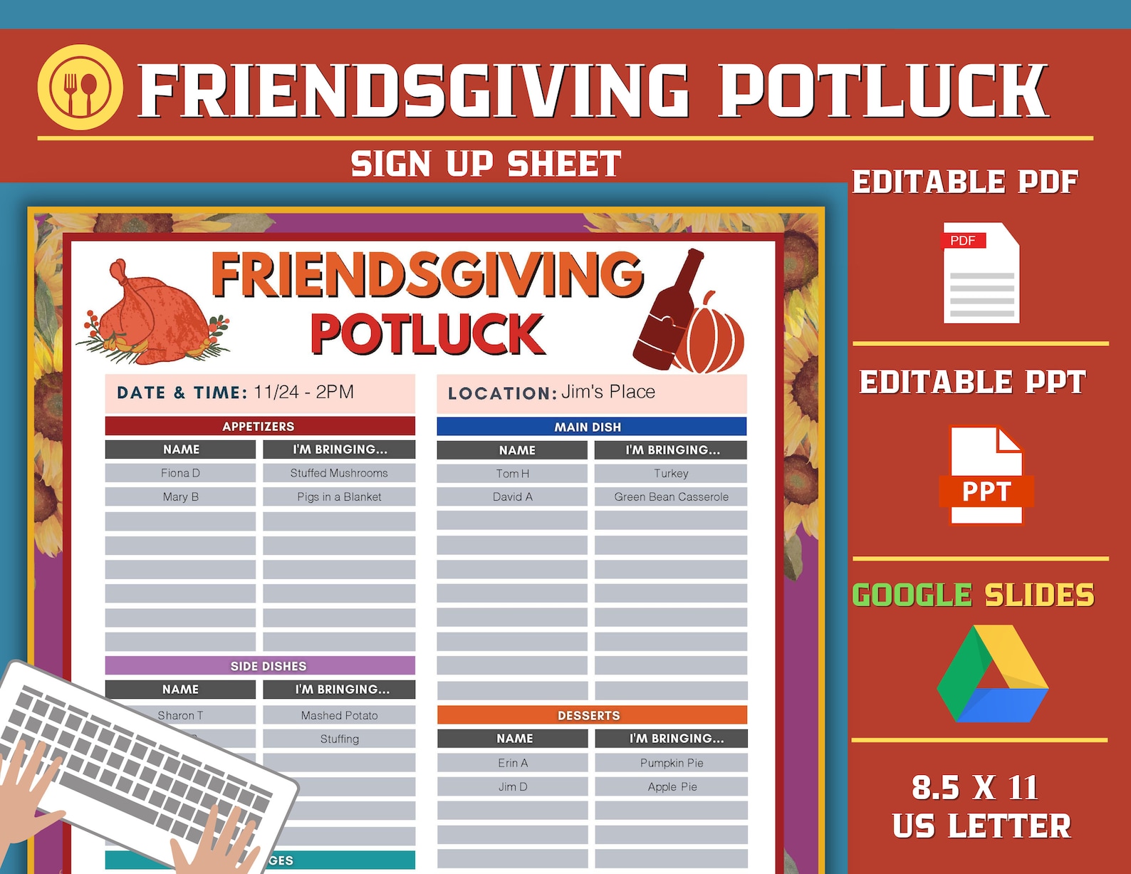 Friendsgiving Potluck Sign up Sheet, Google Slides, Editable PDF, Food ...
