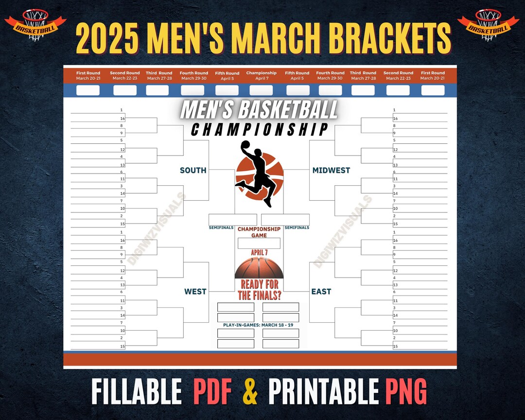 2025 Printable Mens March Brackets, Mens Bracket, Mens Basketball PNG ...