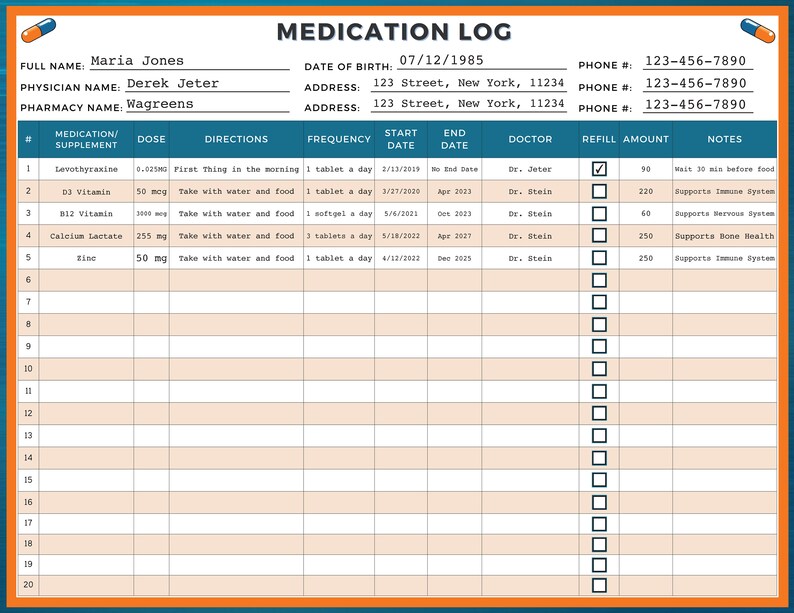 Printable Medication Log, Google Sheets, Printable Medication Tracker ...