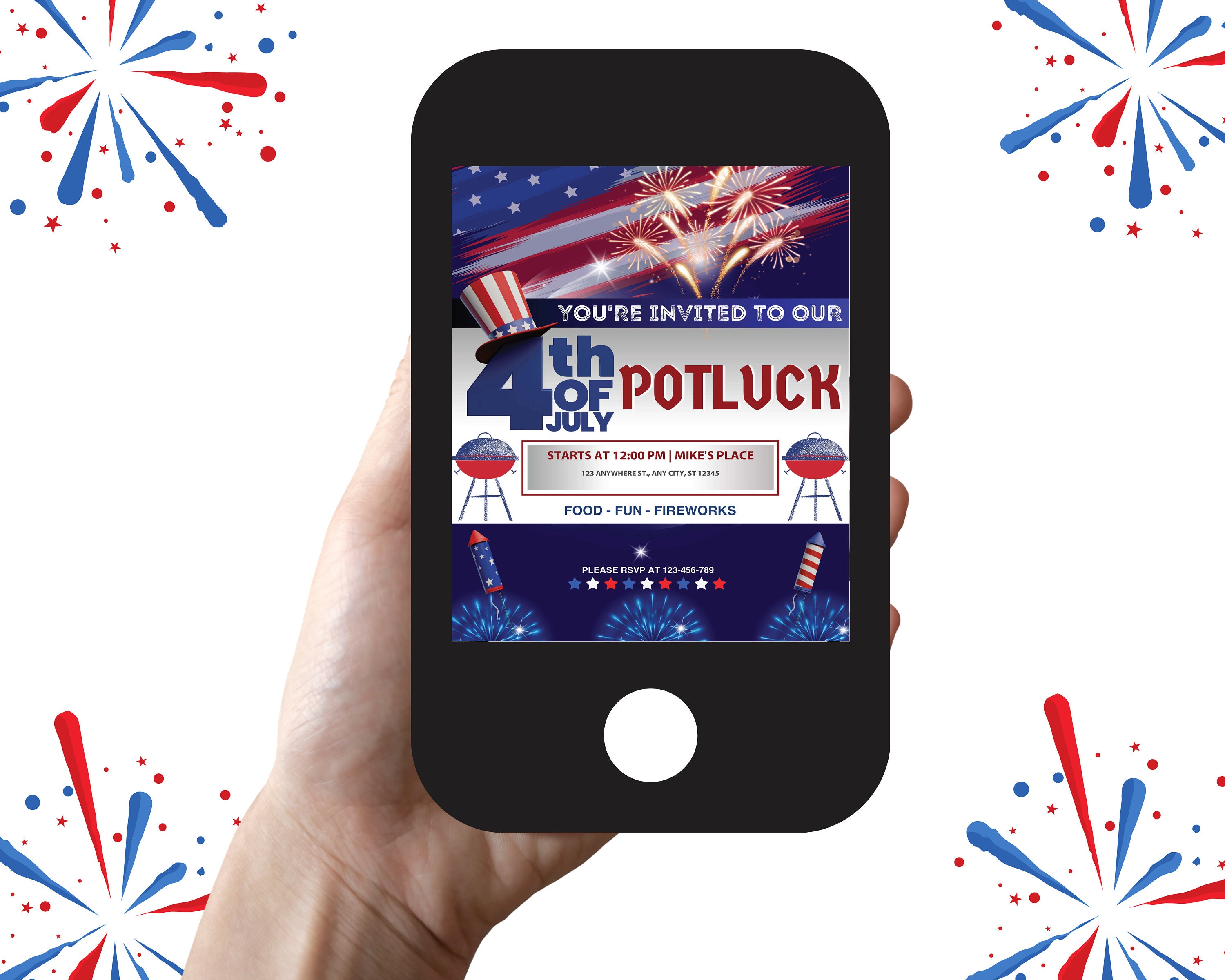 4th of July Potluck Invite, Independence Day, Digital Invitation, Party ...