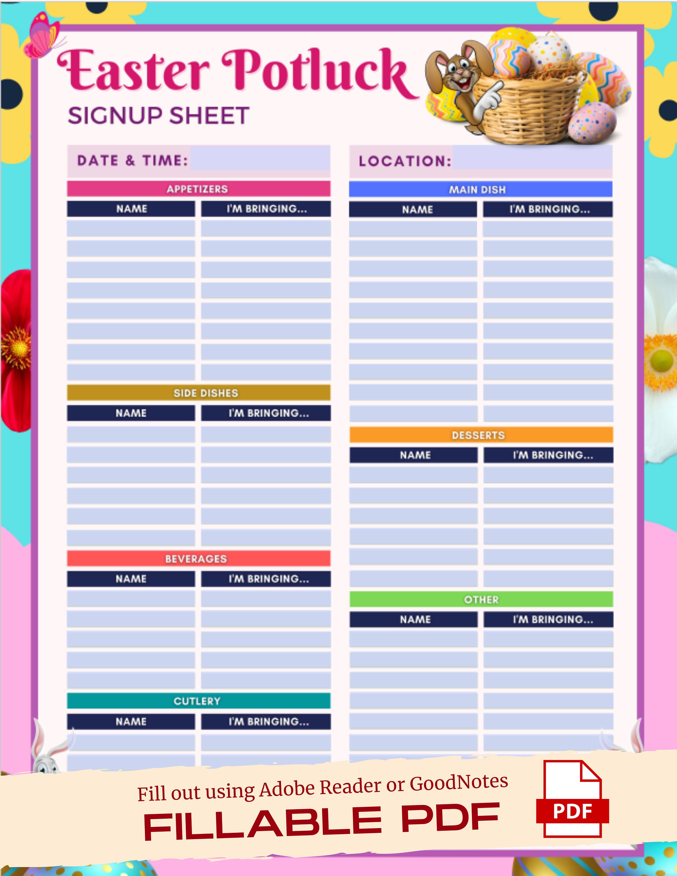 Easter Potluck Sign up Sheet, Google Slides, Editable Template, Instant ...