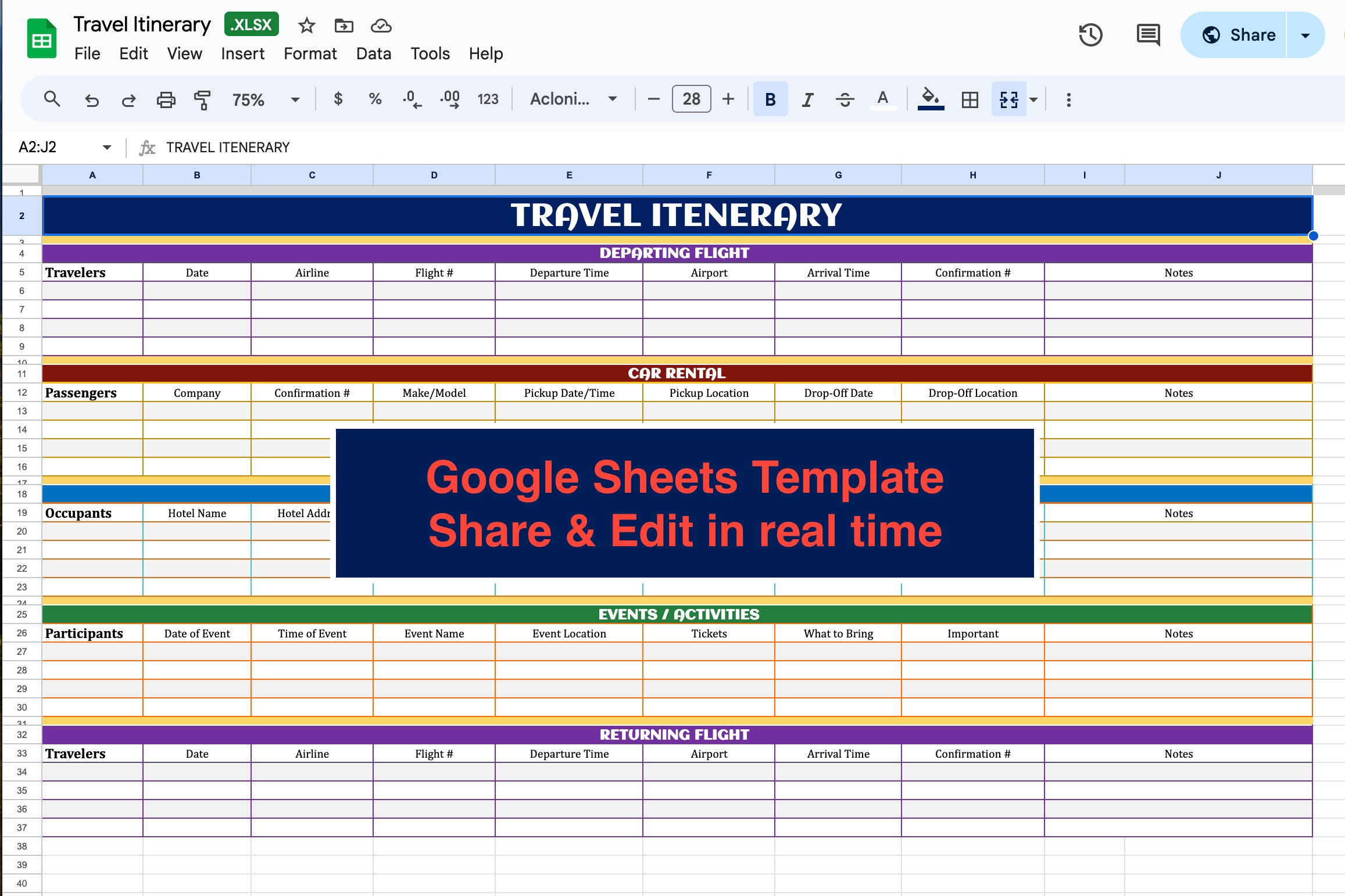 Travel Itinerary, Google Sheets Template, Google Sheets Planner, Travel ...