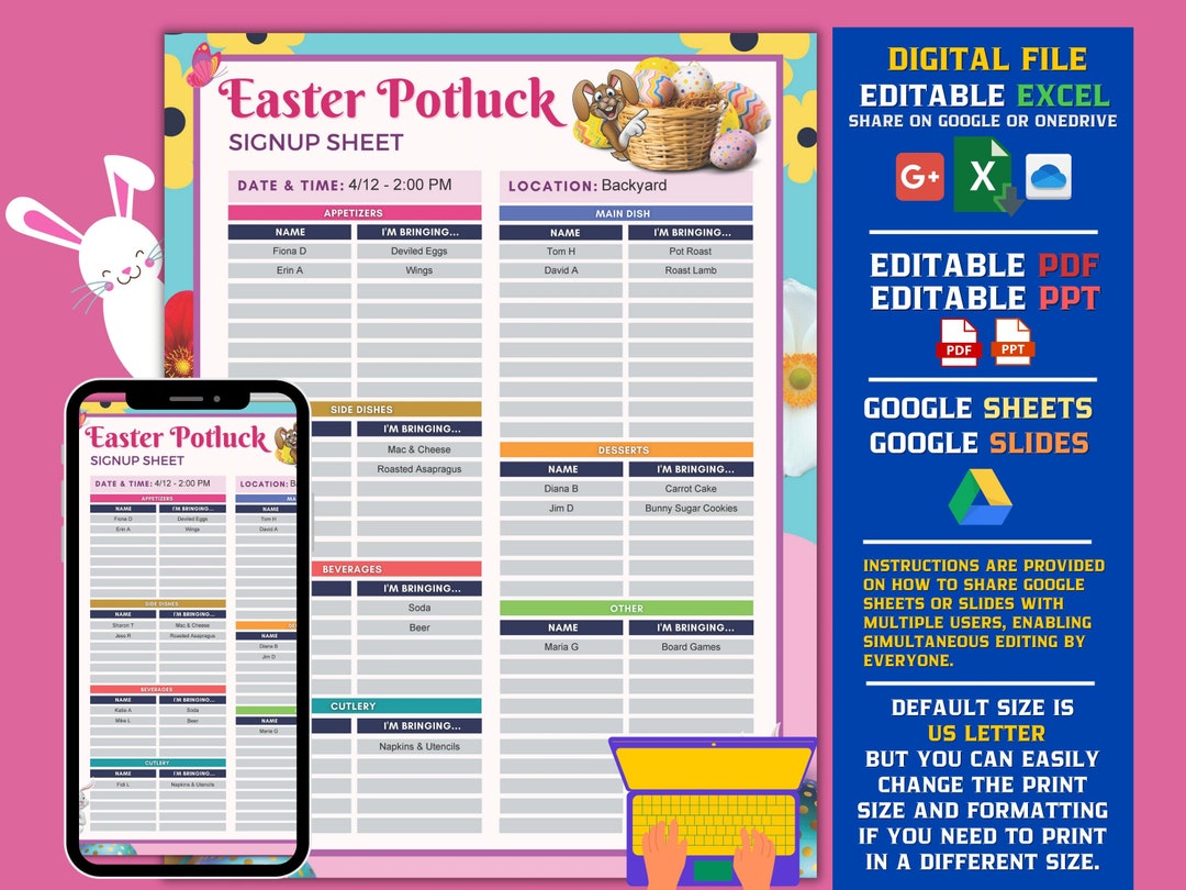 Easter Potluck Sign up Sheet, Google Slides, Editable Template, Instant ...