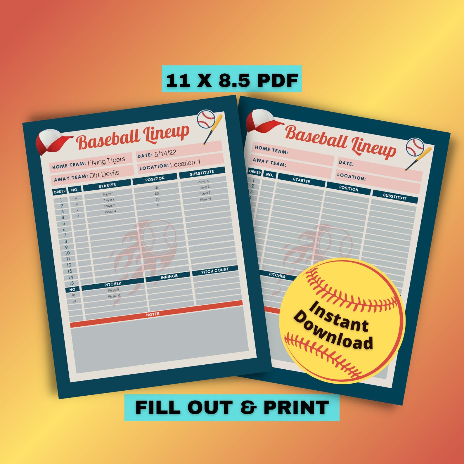 Printable Baseball Lineup Card, Player Lineup Card, Baseball Batting ...