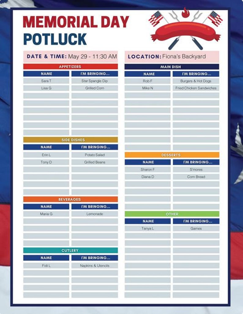 Memorial Day Potluck Sign up Sheet, Google Slides, Editbale PDF ...