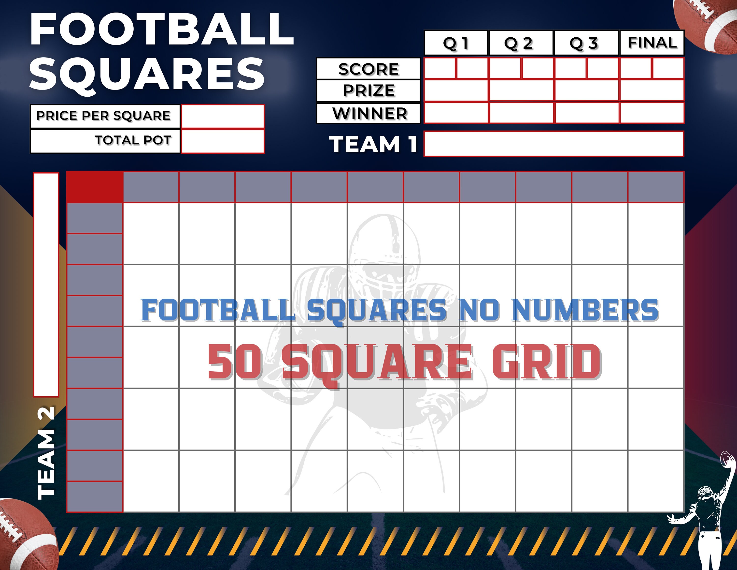 Football Squares, 50 Squares, Editable PDF Template, Printable PNG File ...