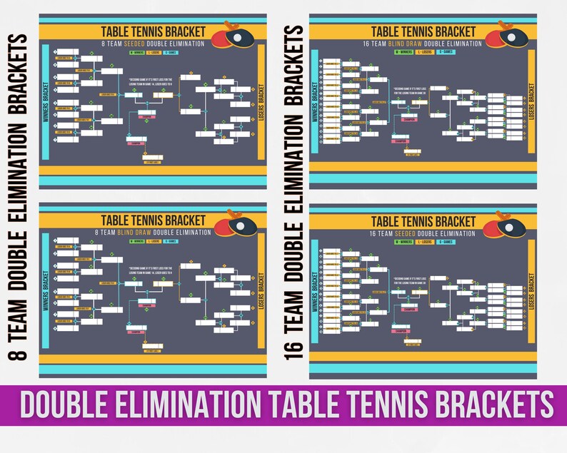 8, 16 Double Elimination Brackets, Printable Table Tennis Brackets ...