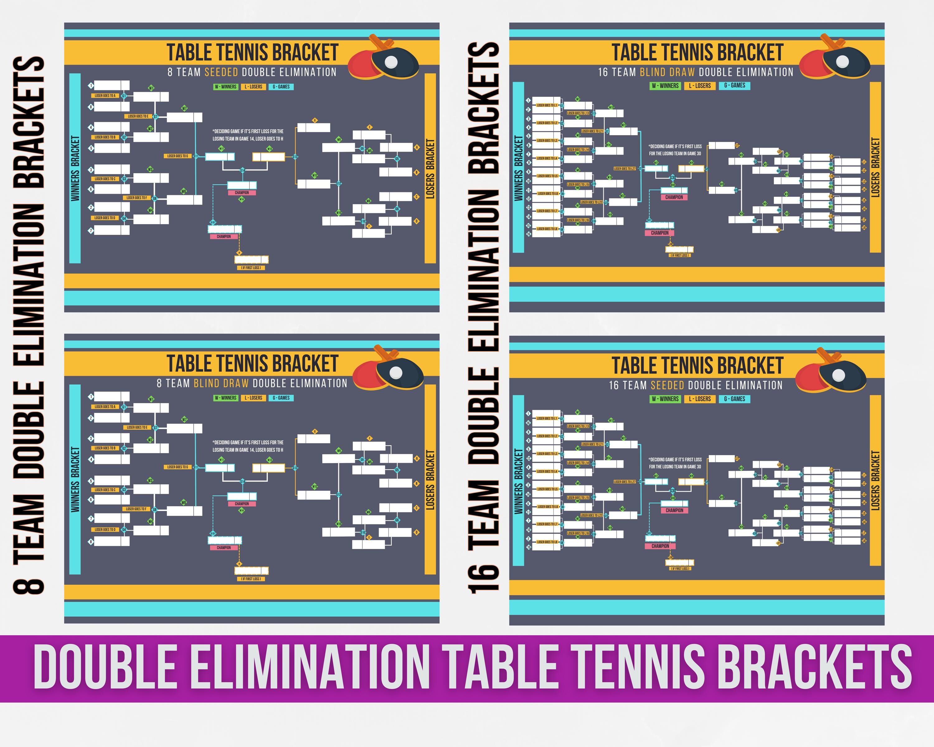 8, 16 Double Elimination Brackets, Printable Table Tennis Brackets ...