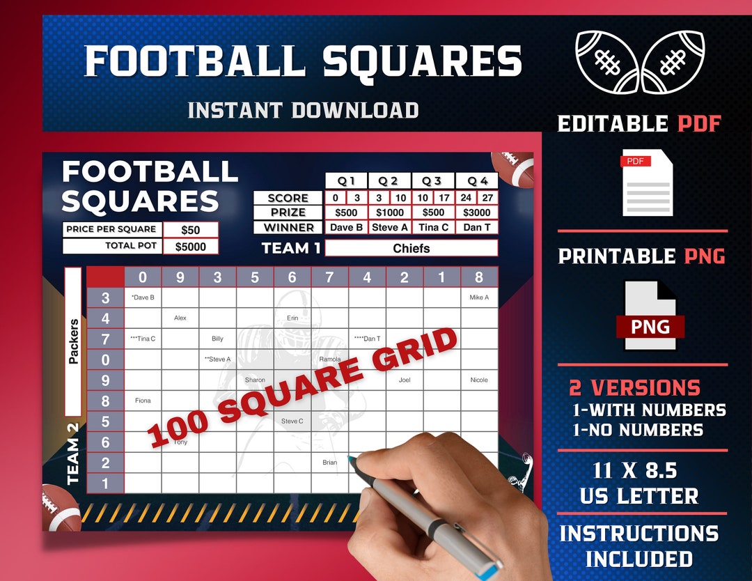 Football Squares 100 Squares Editable PDF Template - Etsy