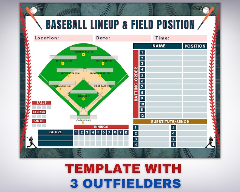 Baseball Lineup and Field Position, Baseball Batting Order, Editable ...