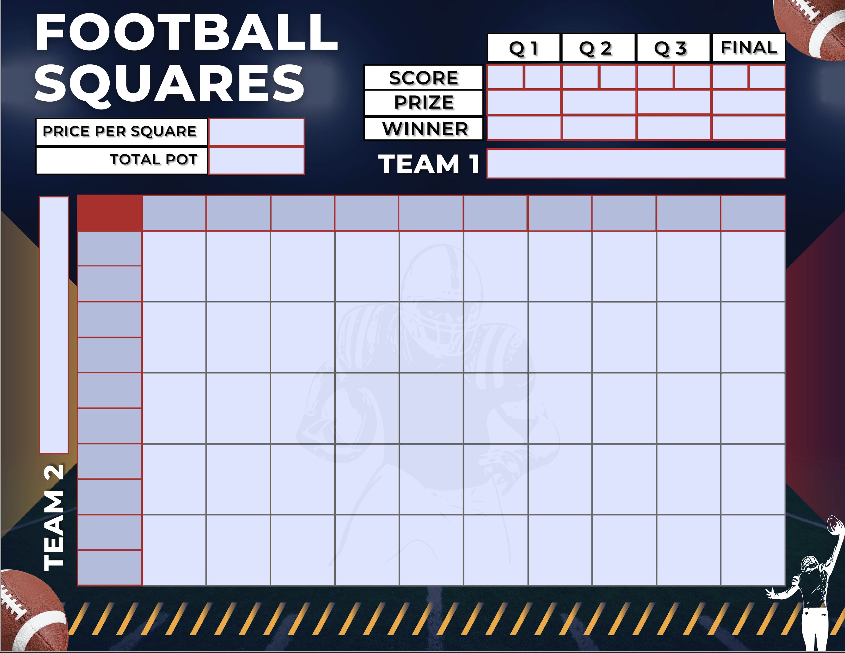 Football Squares, 50 Squares, Editable PDF Template, Printable PNG File ...